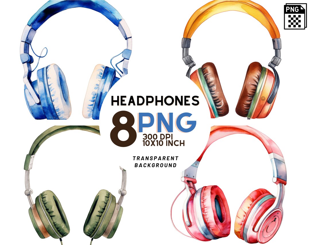 Watercolor Headphones Clipart - 8 High-resolution PNG for Scrapbooking ...