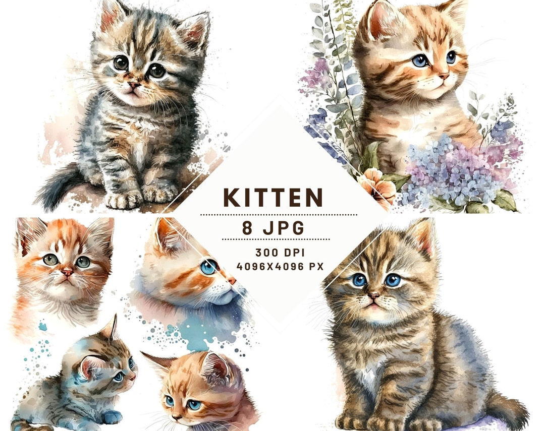 Watercolor Kittens Clipart - 8 High-quality Jpgs for Scrapbooking ...