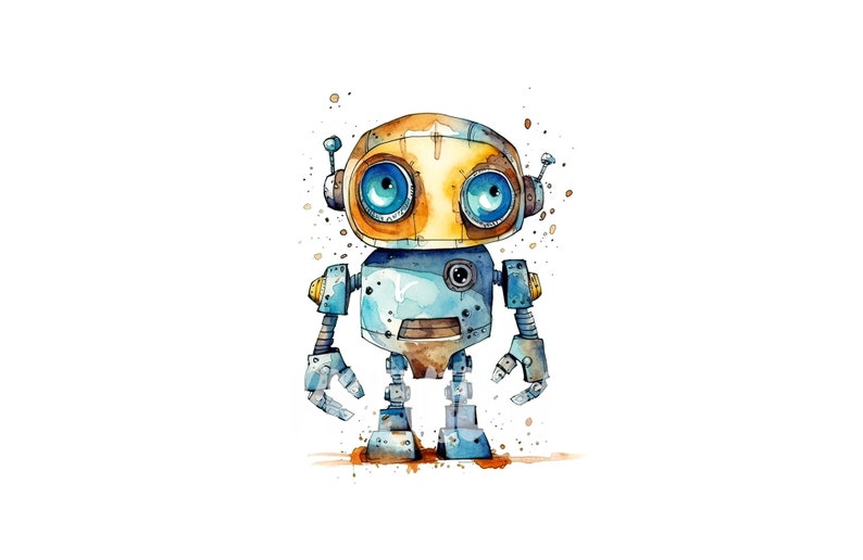 Watercolor Cute Robots Clipart 8 High-resolution JPG for - Etsy