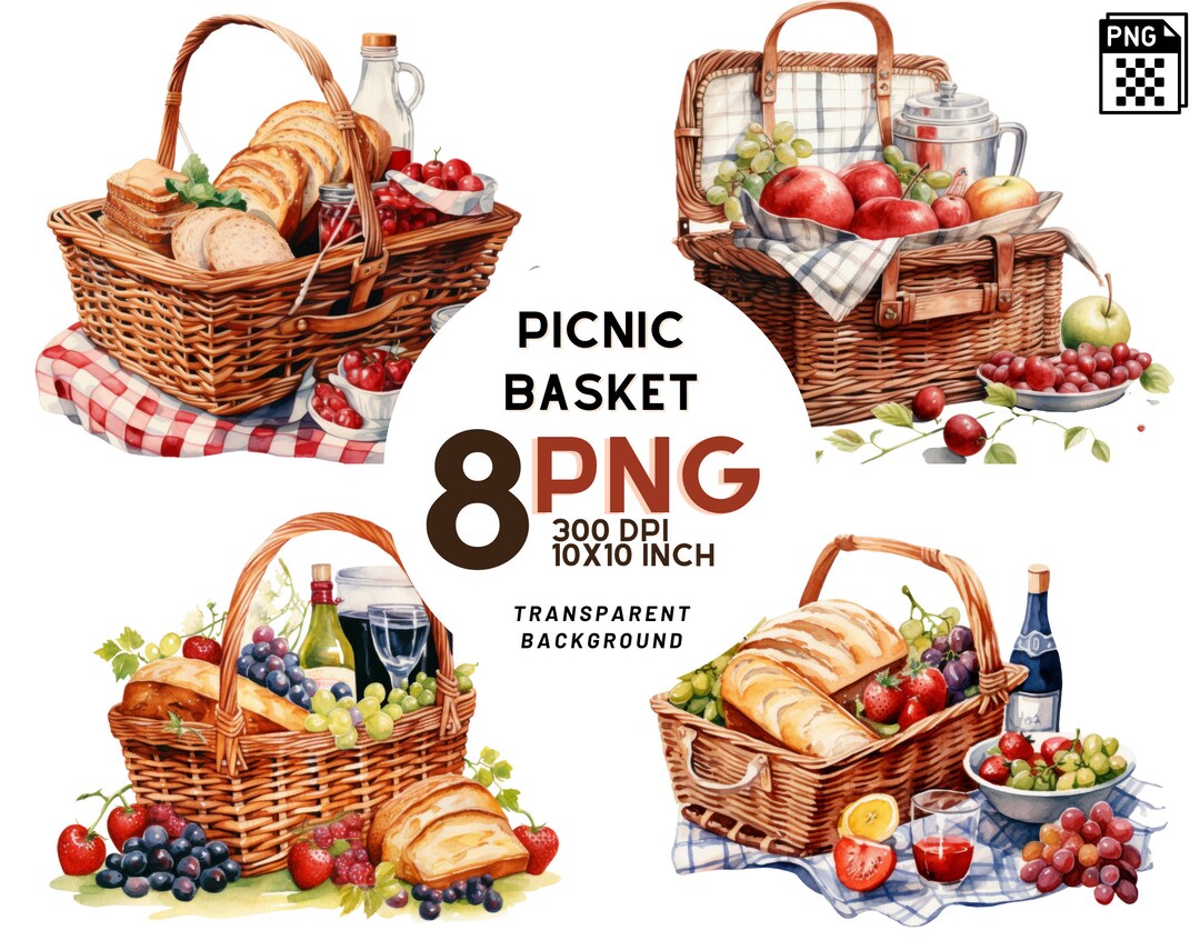 Watercolor Picnic Basket Clipart: 8 Quality Pngs, 300 DPI Ideal for ...