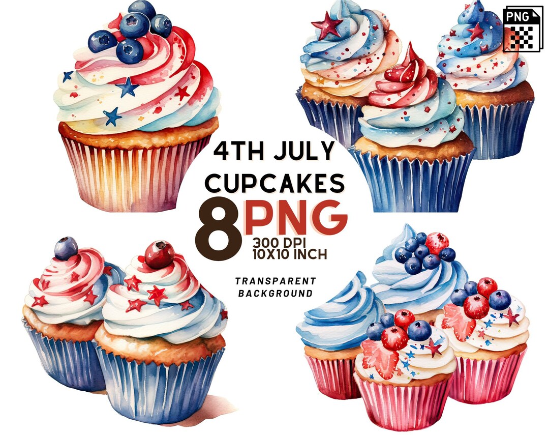 Watercolor 4th of July Cupcakes Clipart - 8 High-resolution Pngs for ...