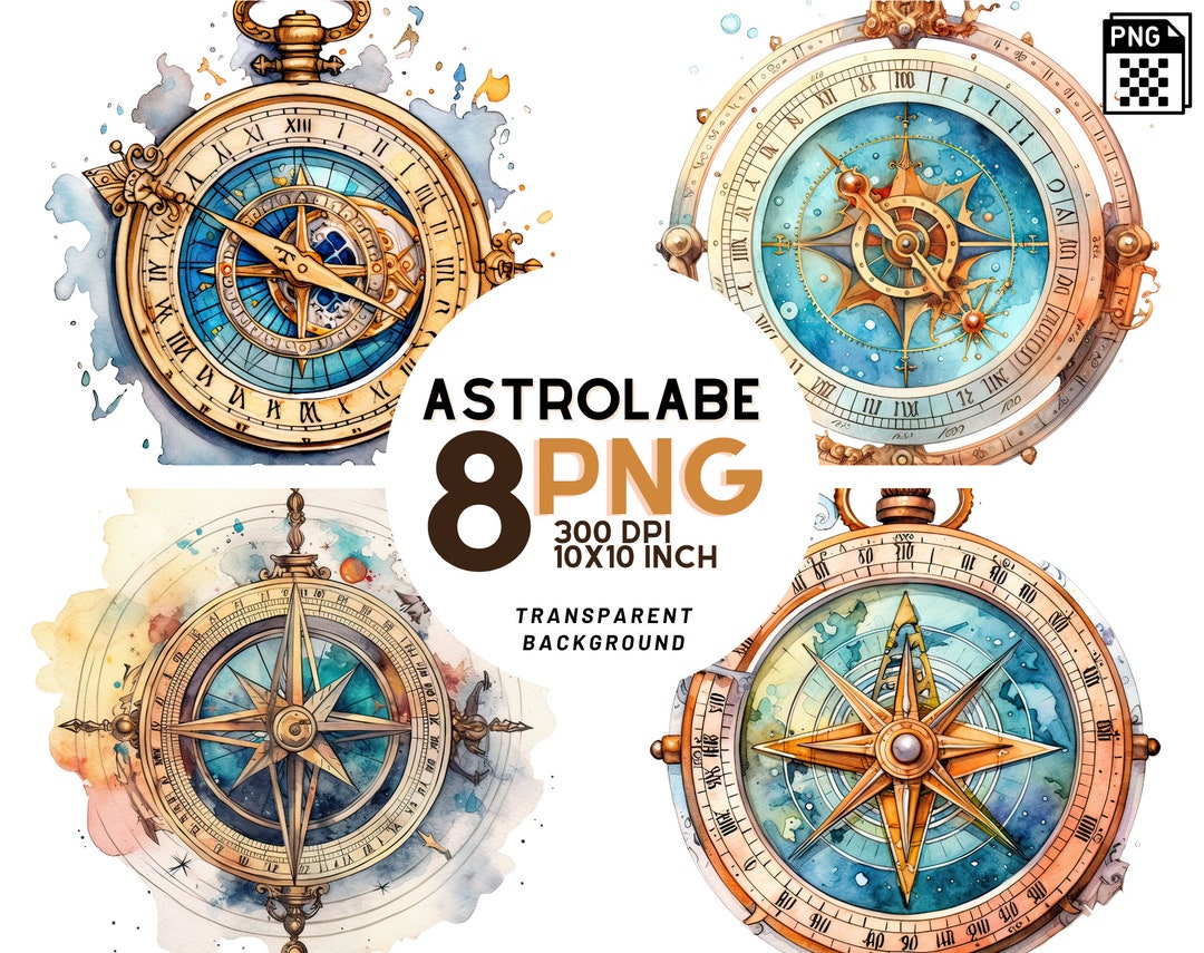 Watercolor Astrolabe Clipart - 8 High-resolution PNG for Scrapbooking ...