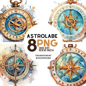 Watercolor Astrolabe Clipart - 8 High-resolution PNG for Scrapbooking ...