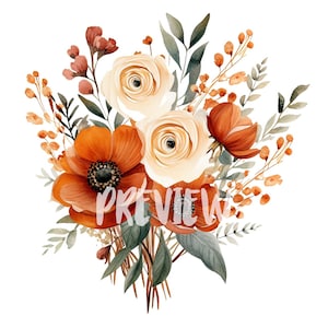 Rust Flowers Bouquet Watercolor Clipart: 8 High-quality Pngs, Botanical ...