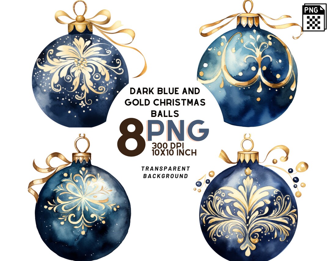 Watercolor Dark Blue and Gold Christmas Balls Clipart Set: 8 High ...
