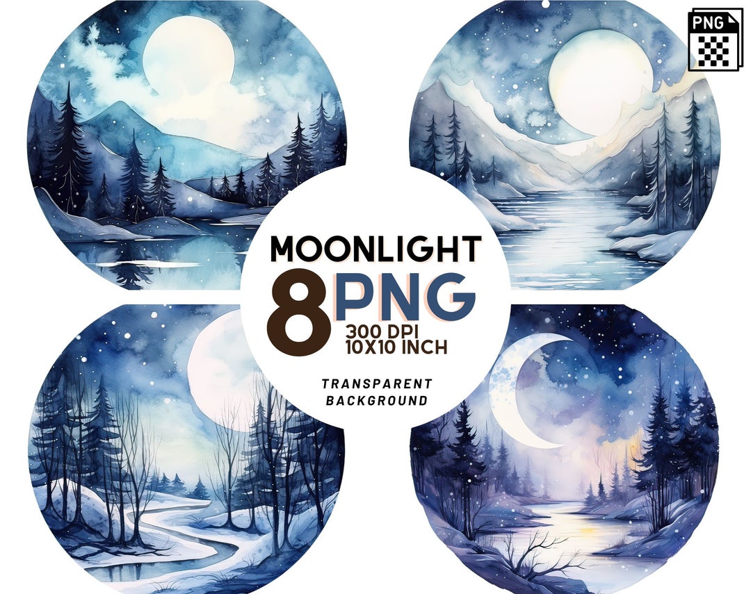 Watercolor Full Moonlight Frames Set: 8 High-quality 300 DPI Pngs ...