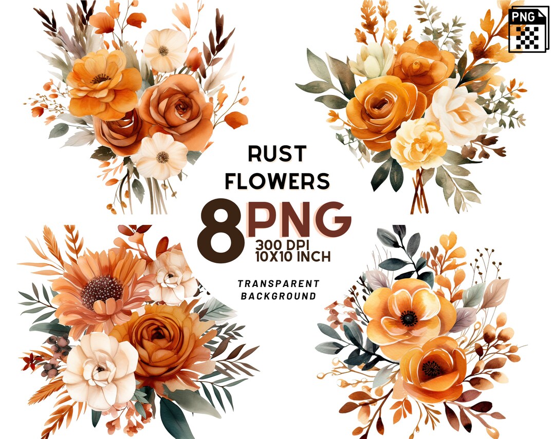 Rust Flowers Bouquet Watercolor Clipart: 8 High-quality Pngs, Botanical ...