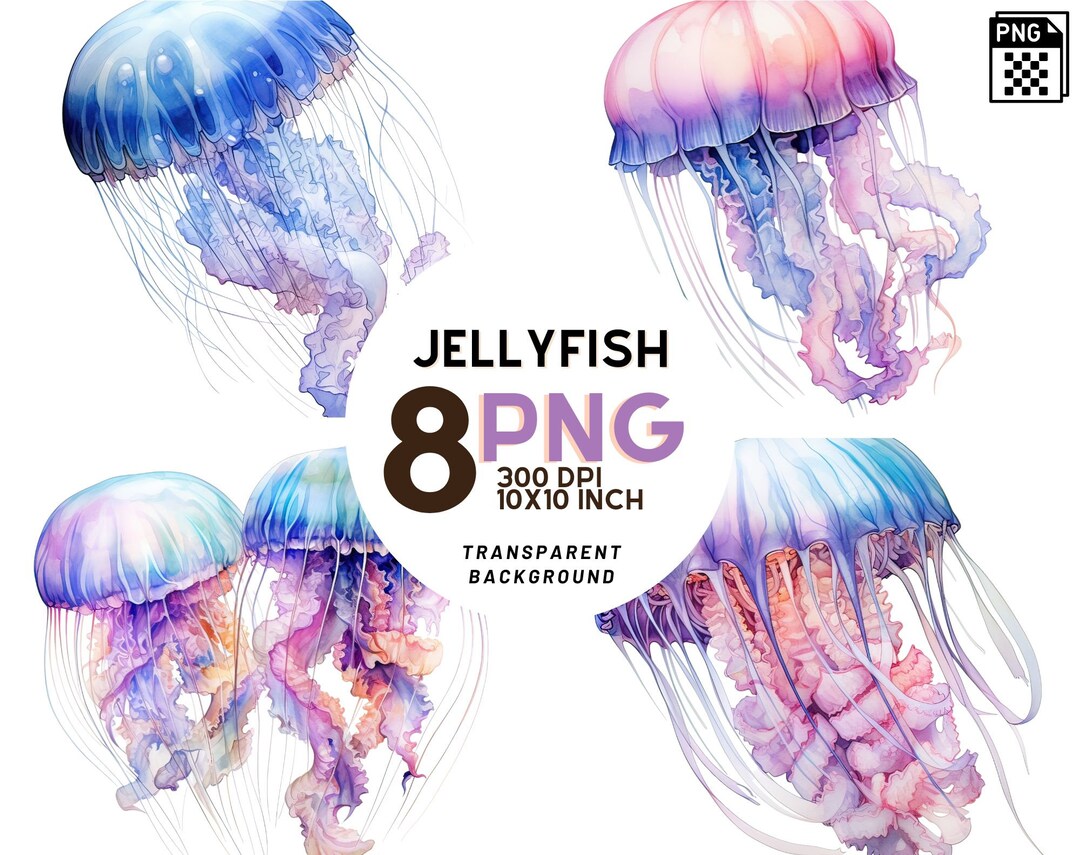 Watercolor Jellyfish Clipart Set 8 High-quality Pngs for Scrapbooking ...