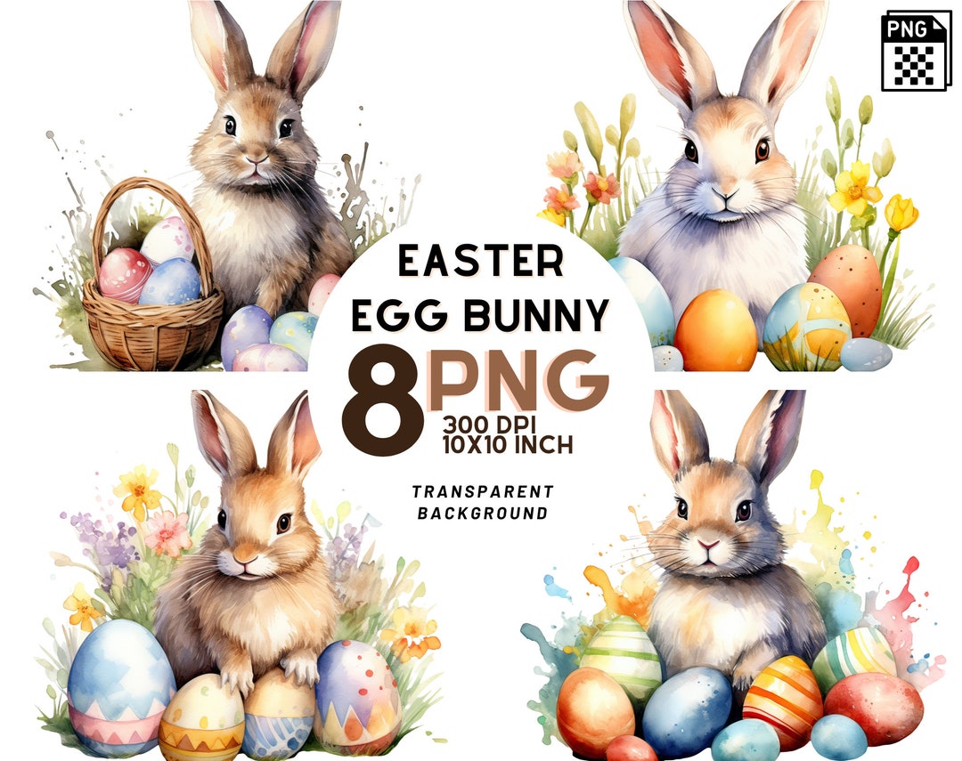 Watercolor Easter Bunny and Easter Eggs Clipart Set: 8 High-quality 300 ...
