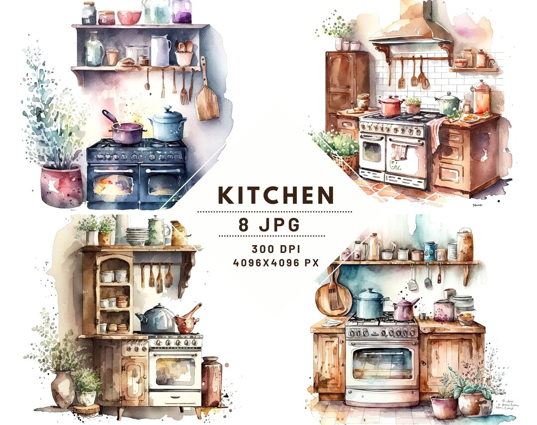 Watercolor Kitchen Clipart: 8 High-quality 300 DPI Jpgs - Etsy