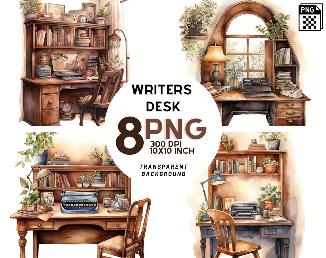 Watercolor Writers Desk Clipart: 8 High-quality 300 DPI Pngs, Digital ...