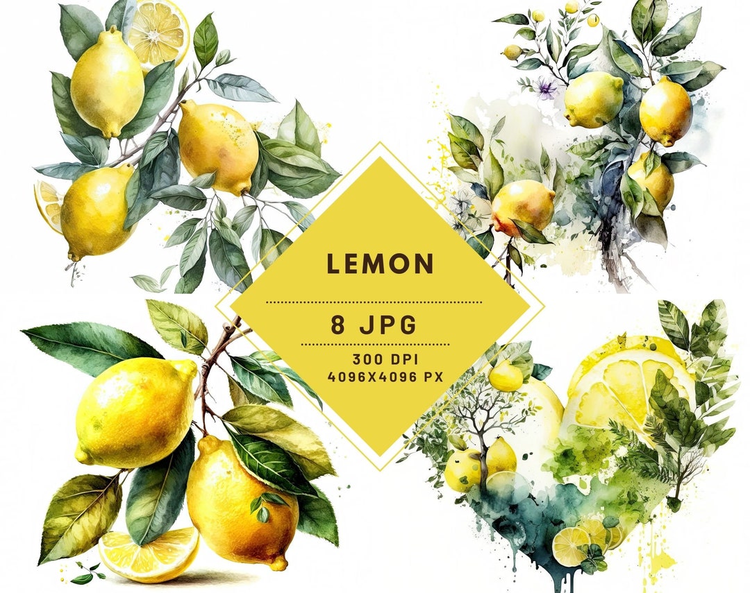 Watercolor Lemons Clipart 8 High-resolution Jpgs for - Etsy