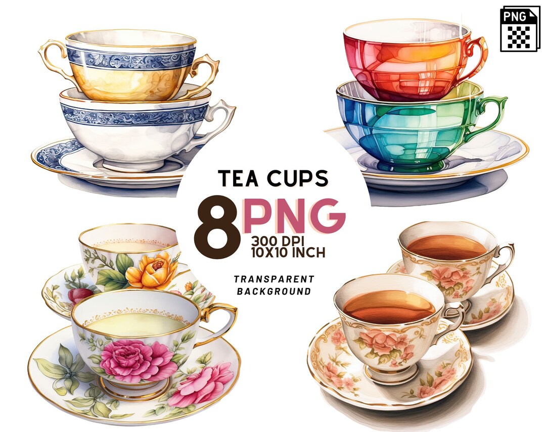 Tea Cups Watercolor Clipart Set 8 High-quality Pngs for Digital ...