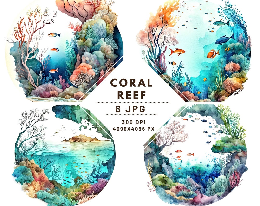 Watercolor Coral Reef Frames Set: 8 High-quality 300 DPI Jpgs - Etsy