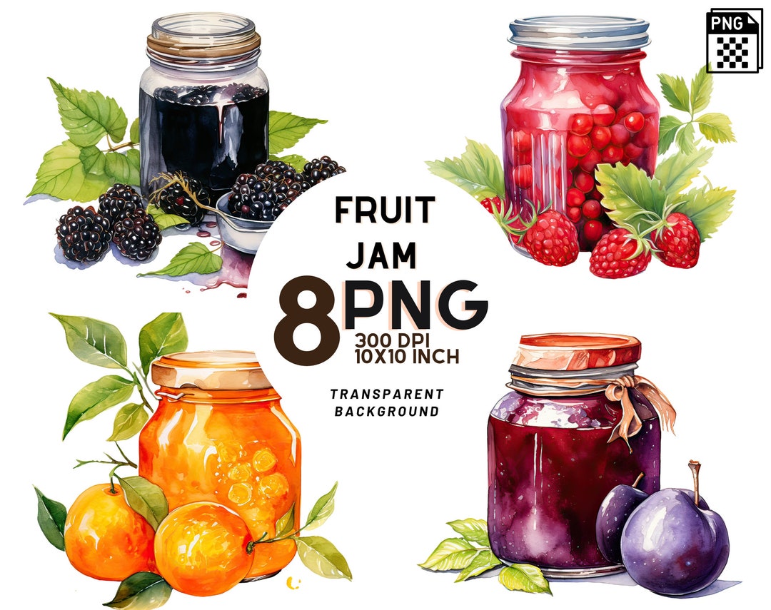 Vibrant Watercolor Fruit Jam Graphic Set - 8 Pngs, 300 DPI - Ideal for ...