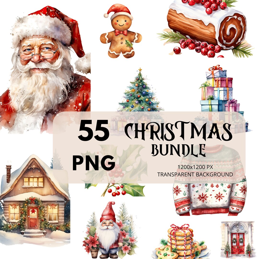 Watercolor Christmas Bundle Clipart Set: 55 High-quality 300 DPI Pngs ...