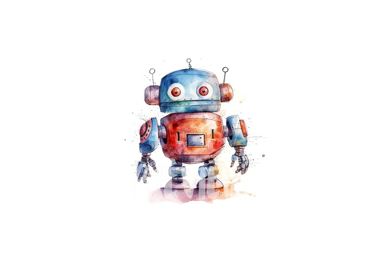 Watercolor Cute Robots Clipart 8 High-resolution JPG for - Etsy