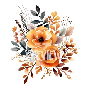 Rust Flowers Bouquet Watercolor Clipart: 8 High-quality Pngs, Botanical ...
