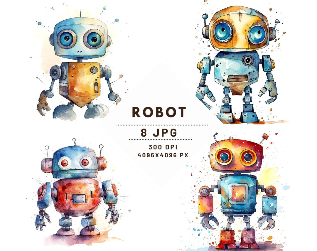 Watercolor Cute Robots Clipart 8 High-resolution JPG for - Etsy