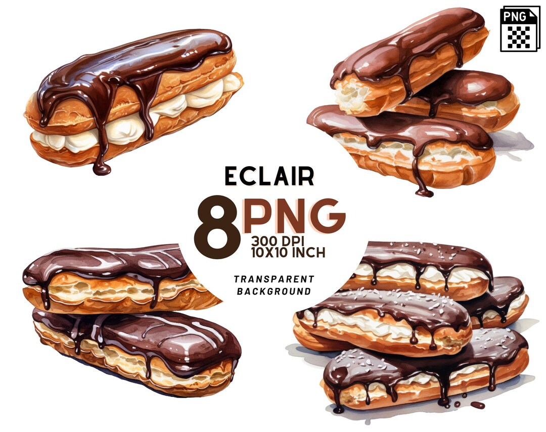 Watercolor Eclair Clipart - 8 High-resolution Pngs 300 DPI, Digital ...