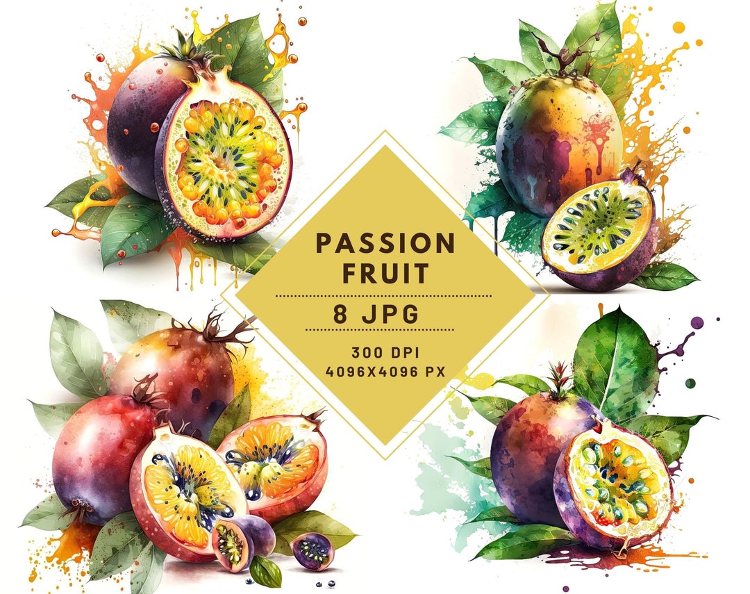 Watercolor Passion Fruit Clipart 8 High-resolution Jpgs for - Etsy