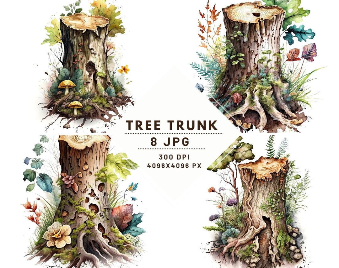 Watercolor Forest Tree Trunk Clipart: 8 High-quality 300 DPI Jpgs ...