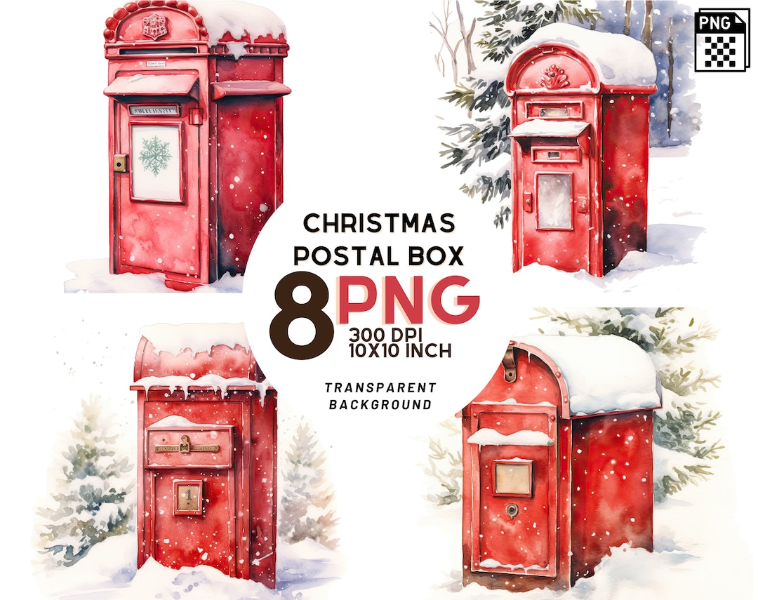 Watercolor Christmas Postal Box Clipart Set: 8 PNG 300 DPI- TRANSPARENT ...