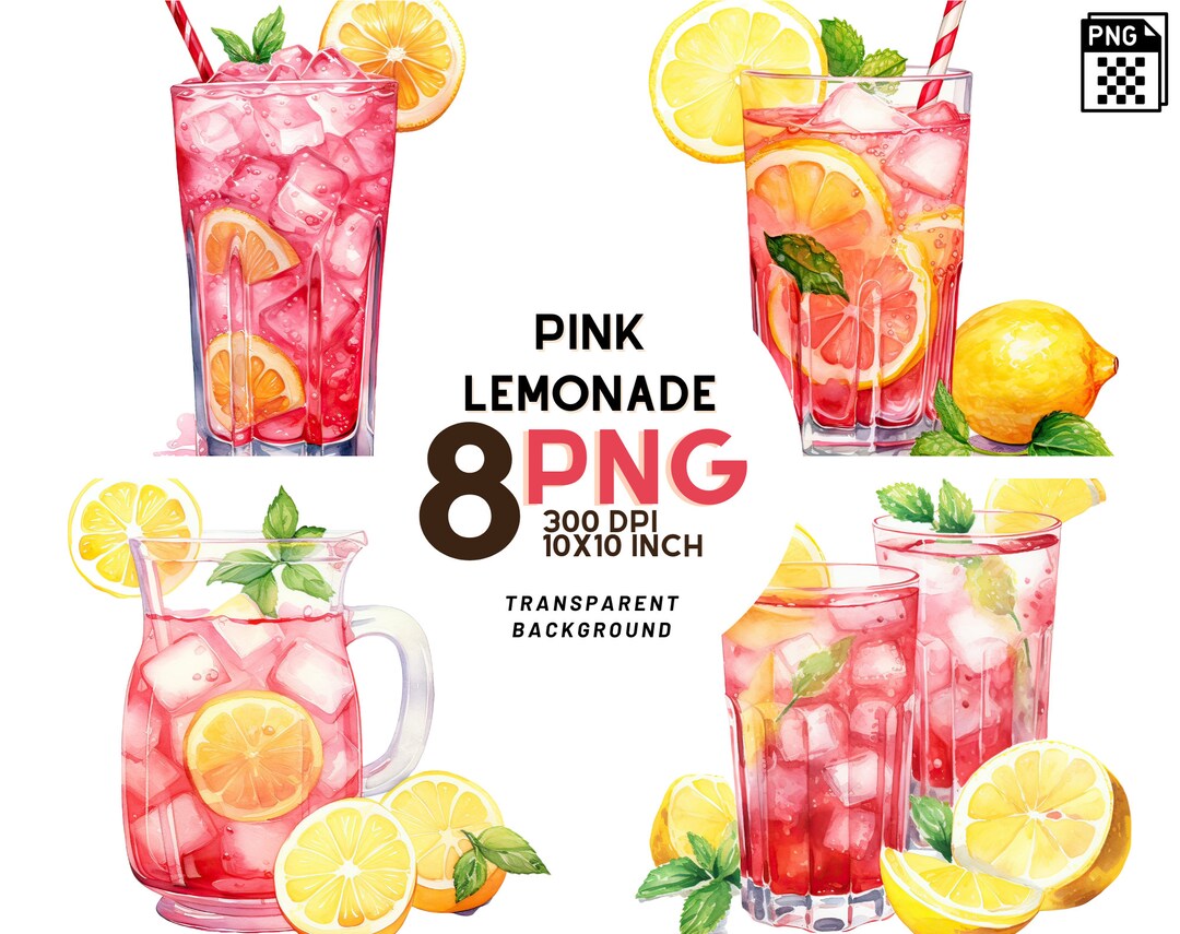 Watercolor Pink Lemonade Clipart: 8 Quality Pngs, 300 DPI, Digital ...