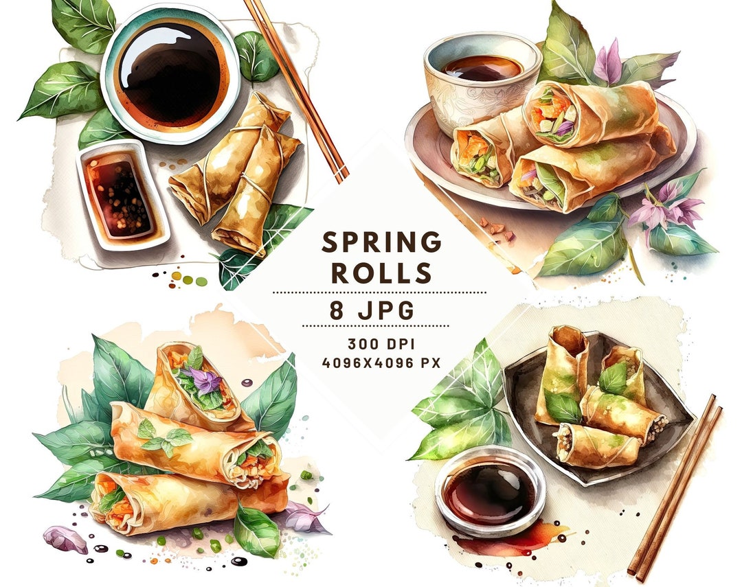 Watercolor Spring Rolls Clipart: 8 High-quality Jpgs for - Etsy
