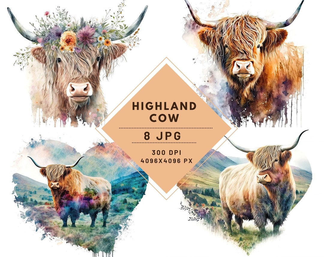 Watercolor Highland Cow Clipart: 8 High-quality 300 DPI Jpgs - Etsy