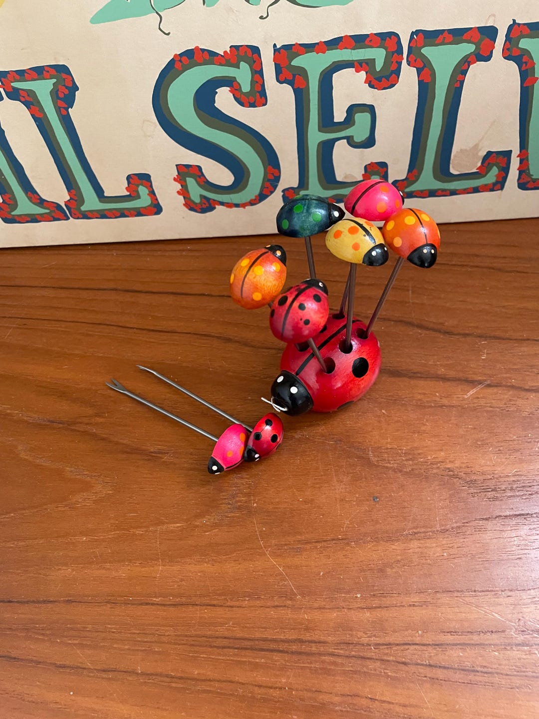 Set of 8 Vintage Japan Wood Ladybug Picks and Holder - Etsy