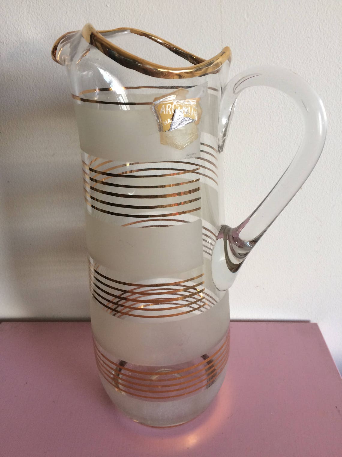 Large Glass Pitcher with Gold Bands and Gold Accents | Etsy