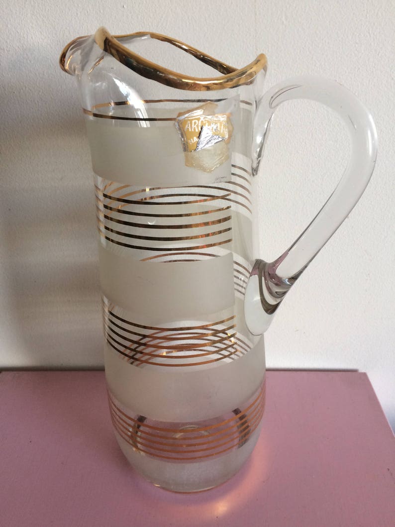 Large Glass Pitcher with Gold Bands and Gold Accents | Etsy