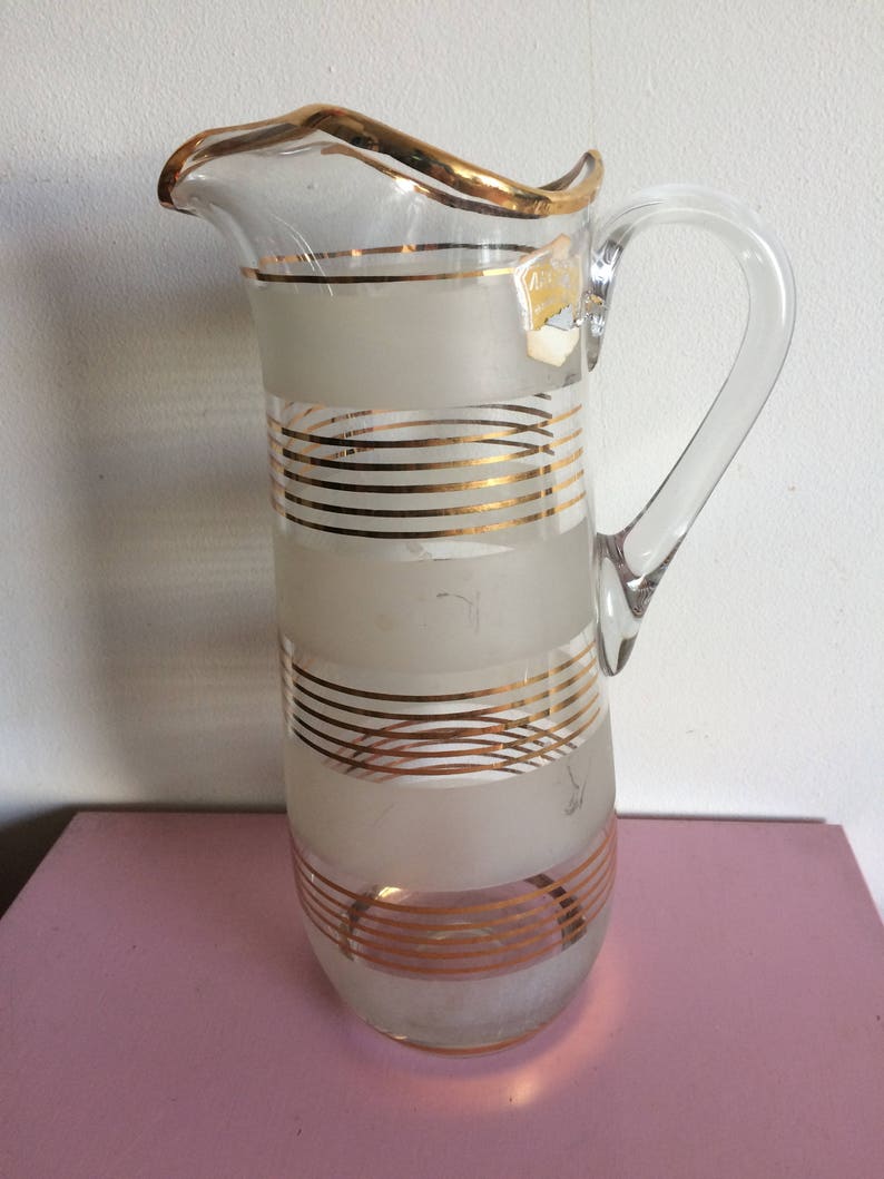 Large Glass Pitcher With Gold Bands and Gold Accents - Etsy