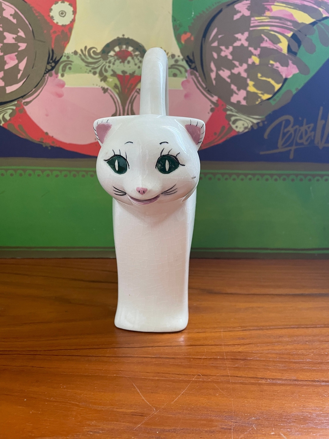 Vintage Ceramic Cat With Handle Pitcher/ Vase/decor - Etsy