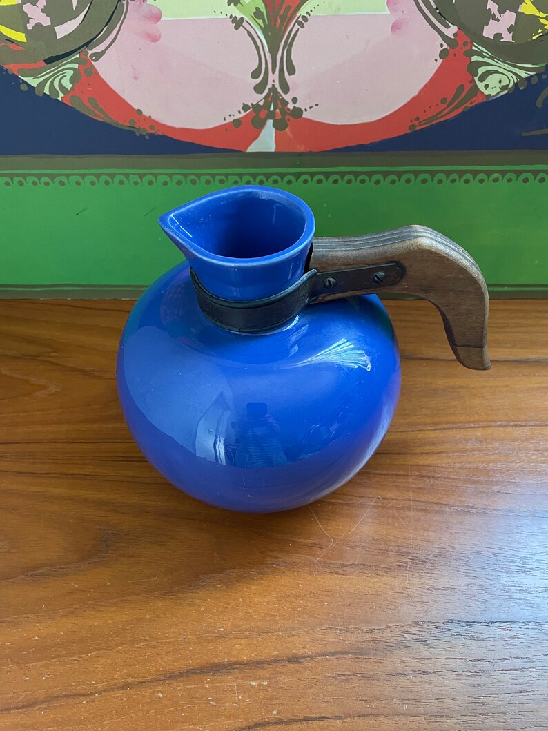 Vintage Mid Century Modern Blue Carafe With Wooden Handle - Etsy