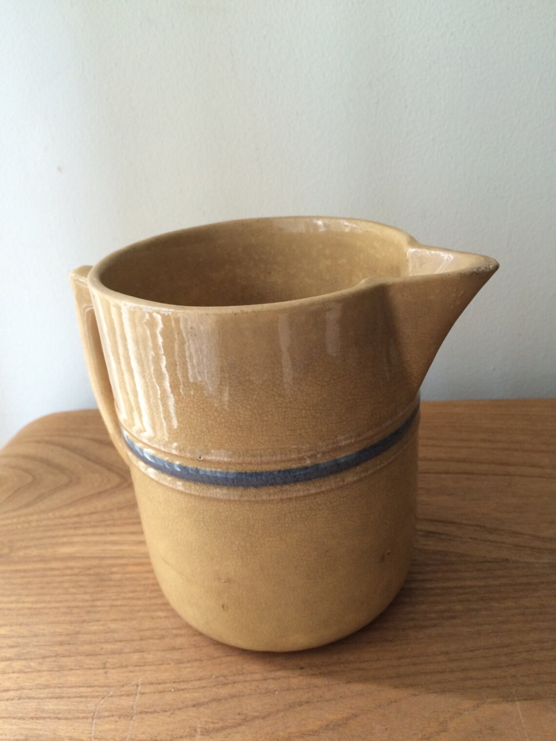 Vintage Rustic Brown Pitcher With Blue Stripe - Etsy