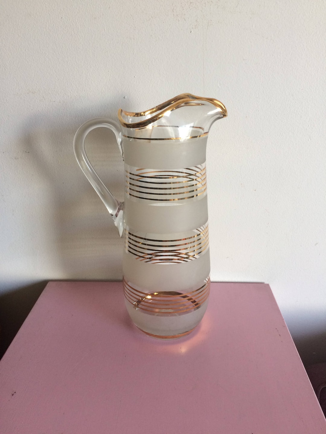 Large Glass Pitcher With Gold Bands and Gold Accents - Etsy