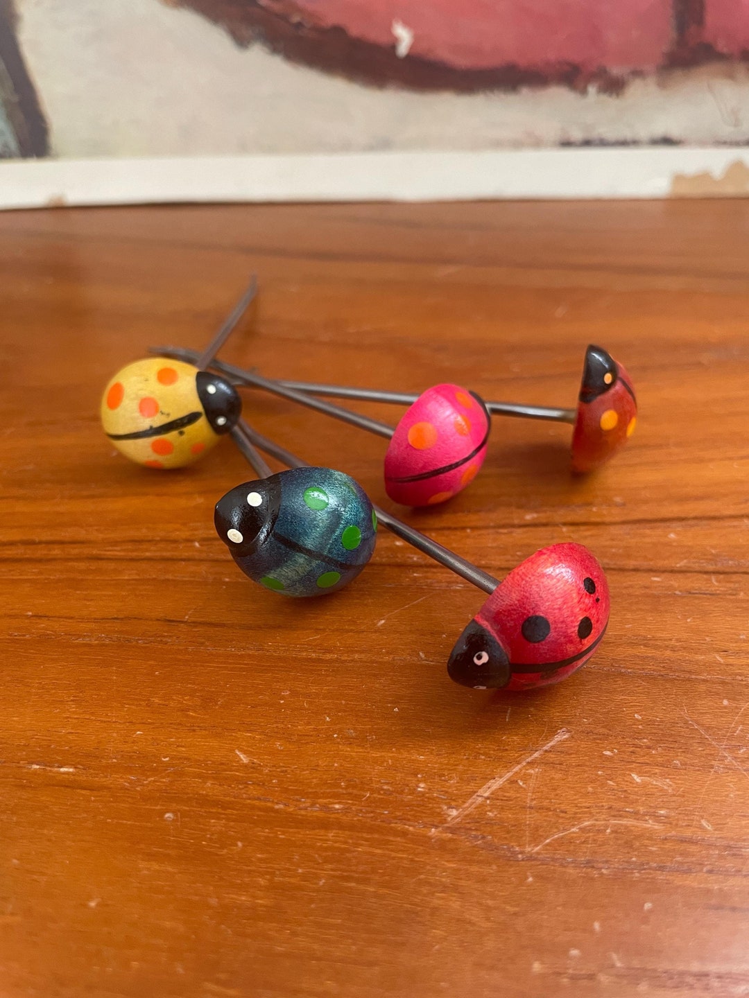 Set of 5 Vintage Wood Ladybug Picks - Etsy