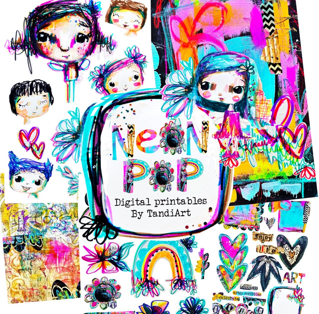 Neon Pop - A4 Digital Scrapbook Collage Sheets, Printables, for ...