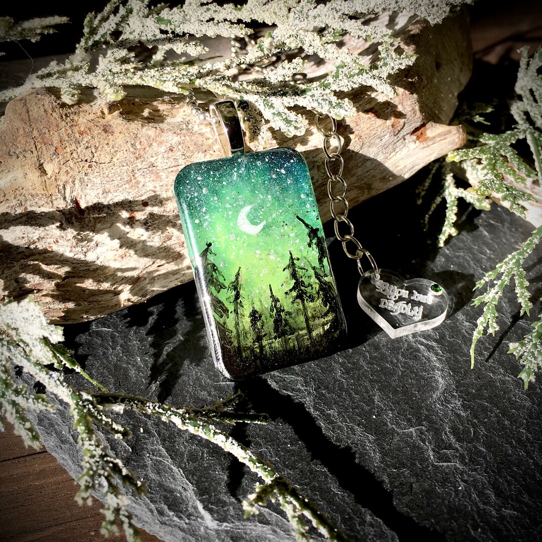 Winter Night Sky Forest Resin Pendant~~ Northern Lights and Pine Forest ...