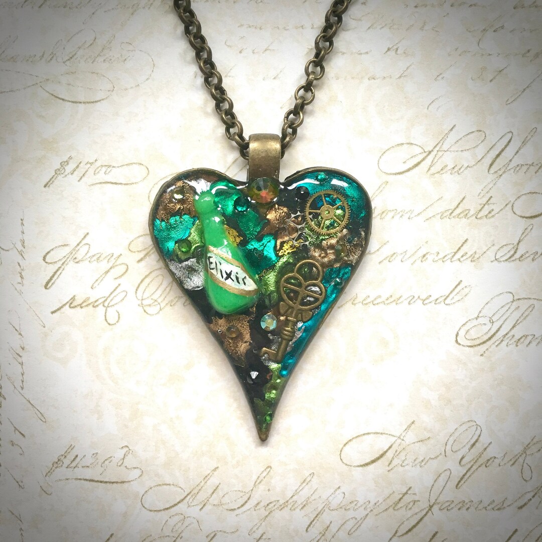Green Elixir Wizard of Oz Heart Pendant ~ Mixed Media Necklace ...