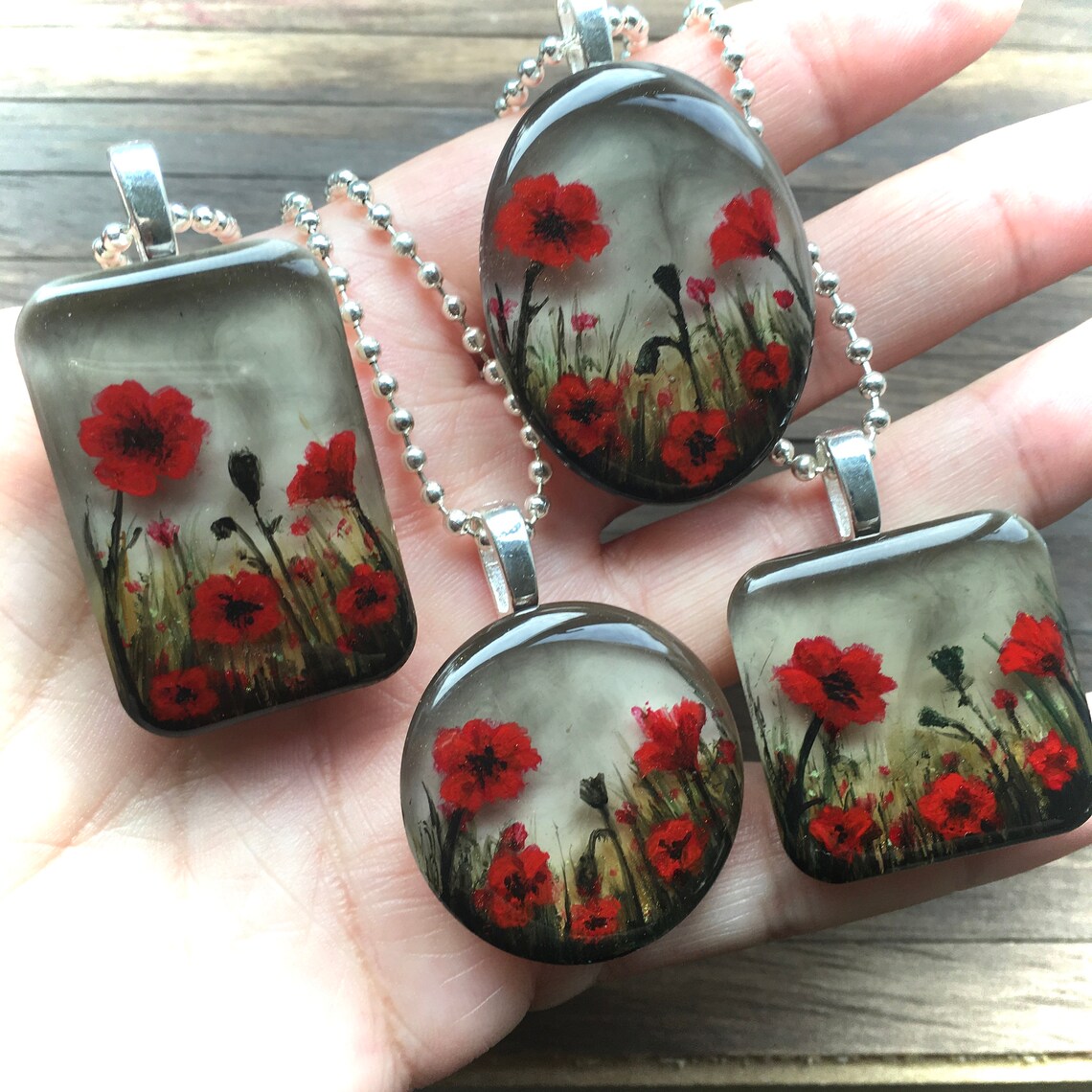 Poppy Field Hand Painted Resin Pendant ~~ Wearable Jewellery Featuring ...