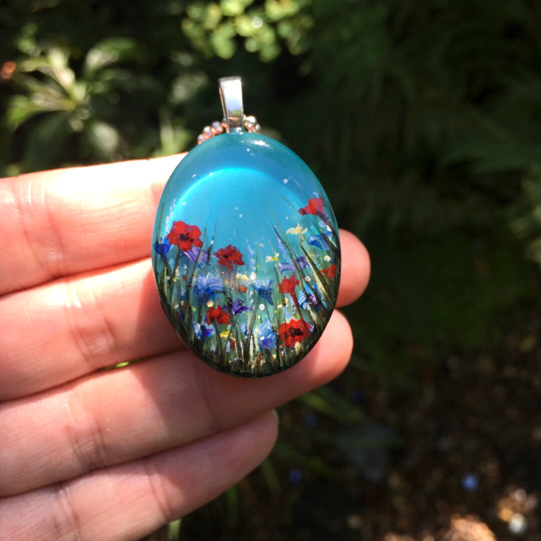 Poppy and Cornflower Meadow Hand Painted Resin Pendant ~~ Original ...