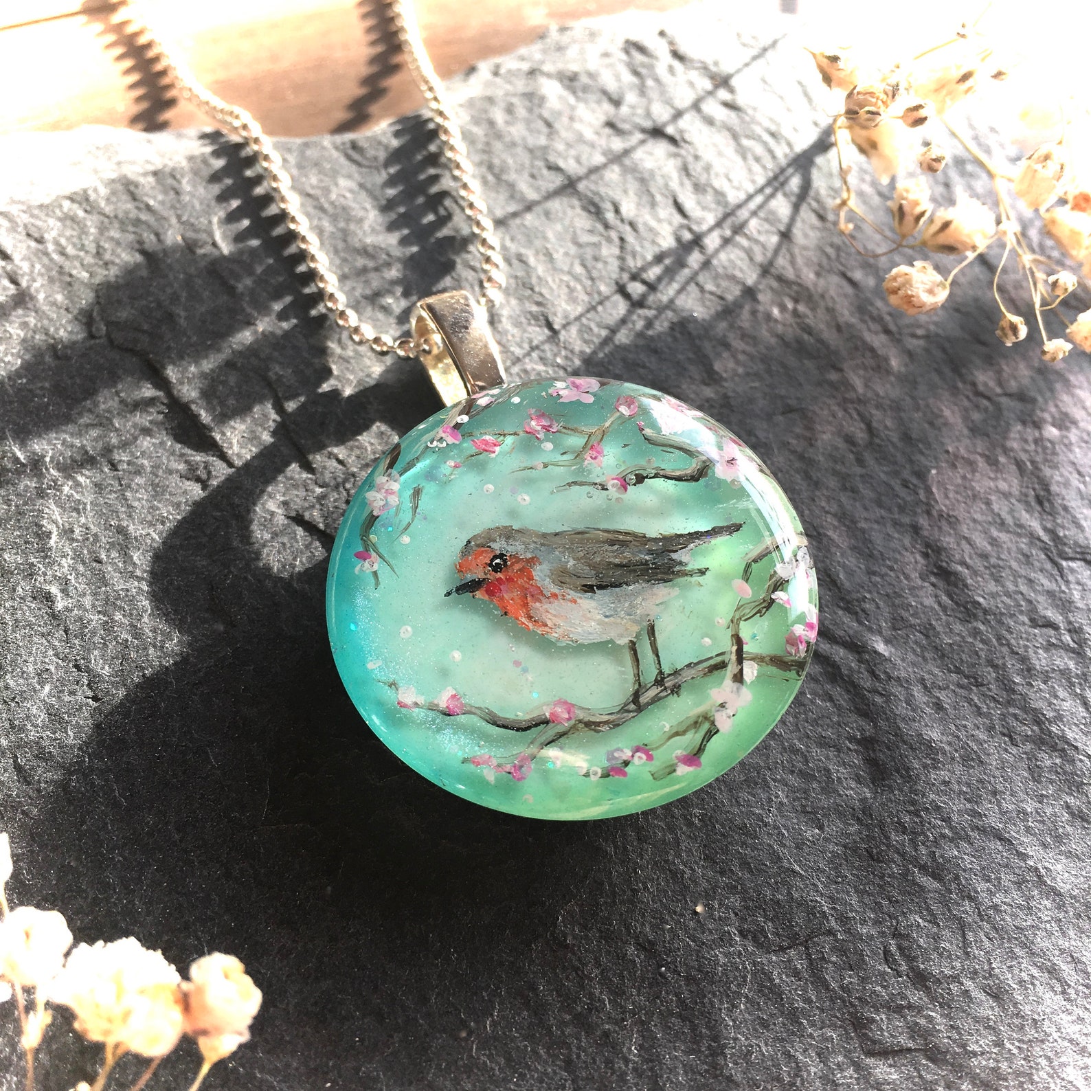 Robin on Cherry Blossom Resin Pendant ~~ Spring Jewellery, Unique Hand ...