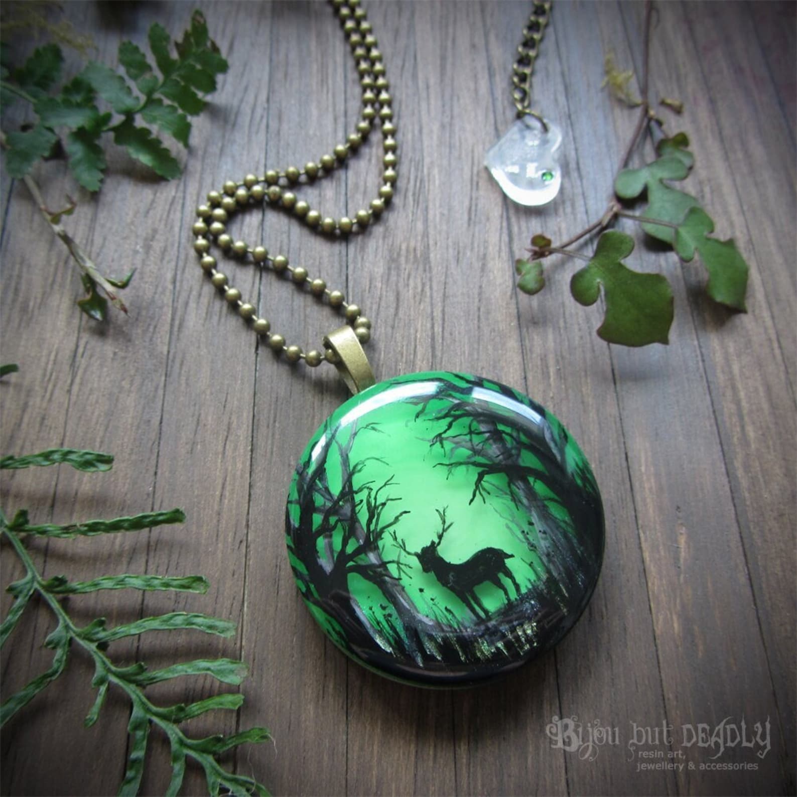 Stag in Enchanted Forest Pendant ~~ Stag Necklace, Deer Necklace, Green ...