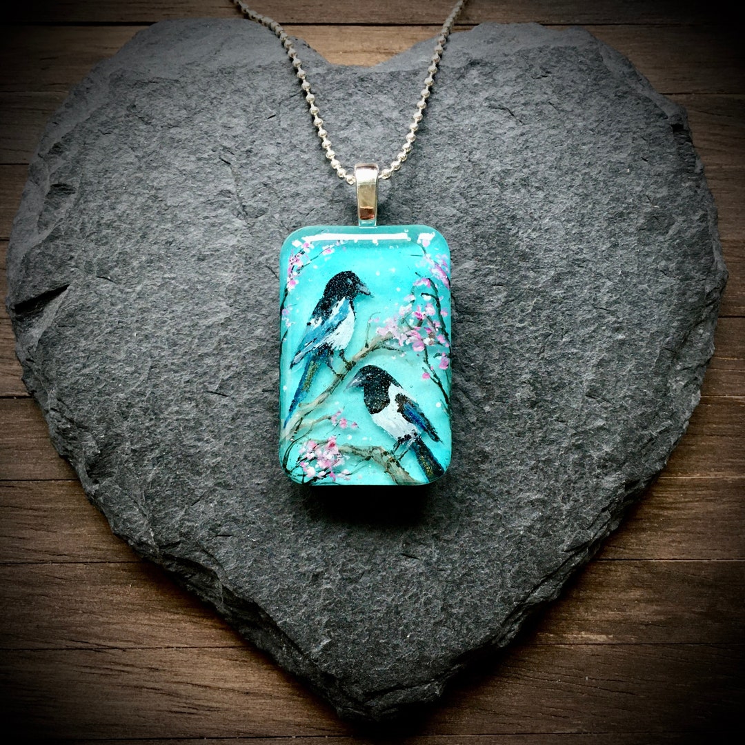 Magpies on Cherry Blossom Resin Pendant ~~ Pair of Birds in Tree ...