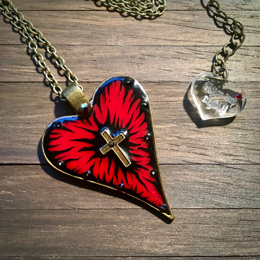 Red Heart and Cross Gothic Pendant Unique Hand Painted Resin Necklace ...