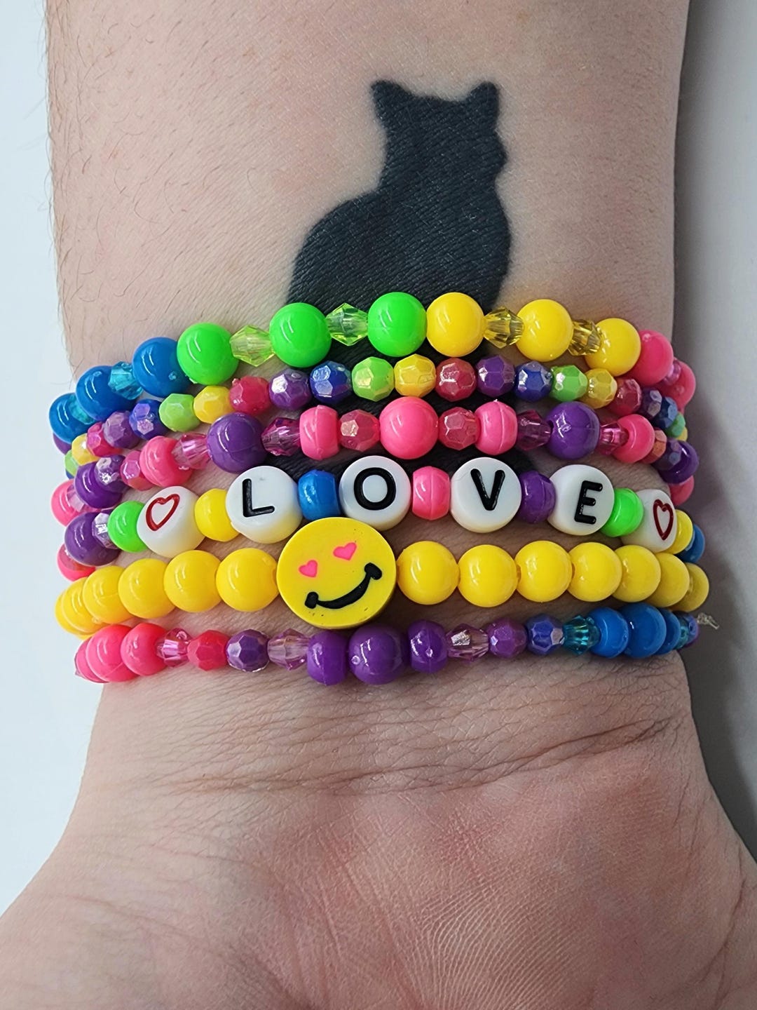 8" Stack of 6 Large Friendship Bracelet Rainbow Neon Smiley Face Love ...