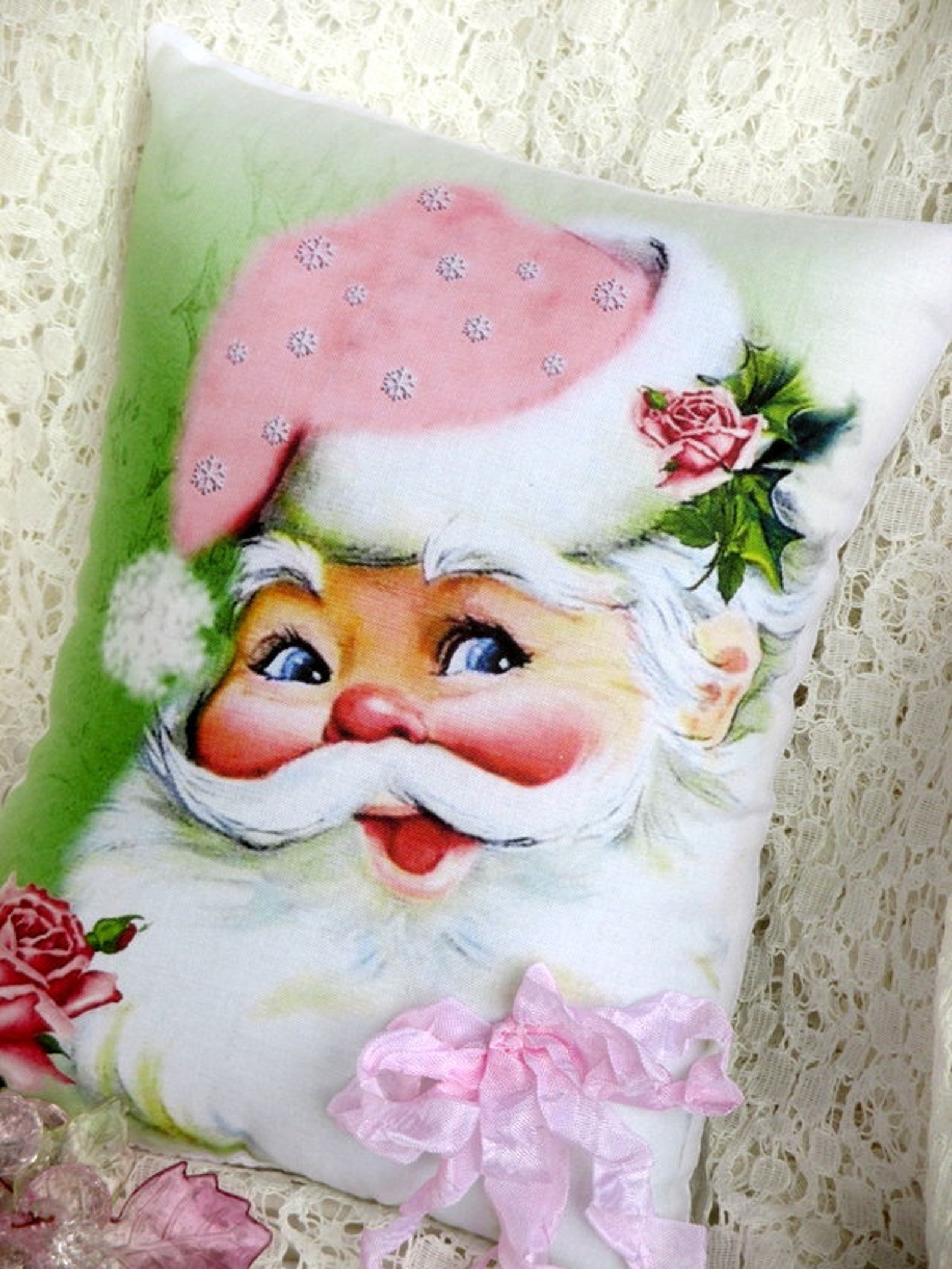 Pink SANTA Pillow Pink Roses Pink Ribbons Shabby Christmas - Etsy